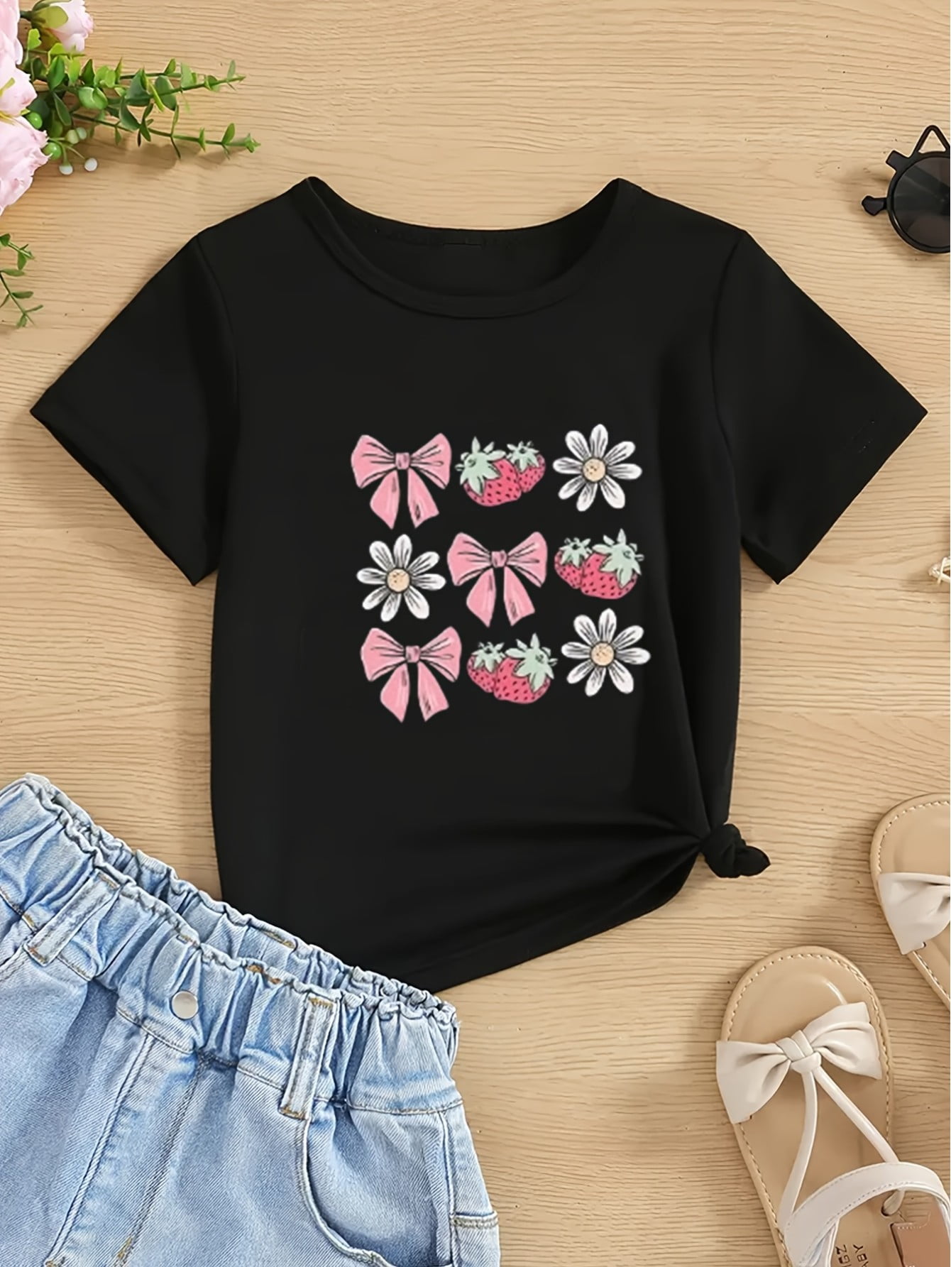 Adorable Girls' Purple T-Shirt with Strawberry & Bow Print - Comfy ...