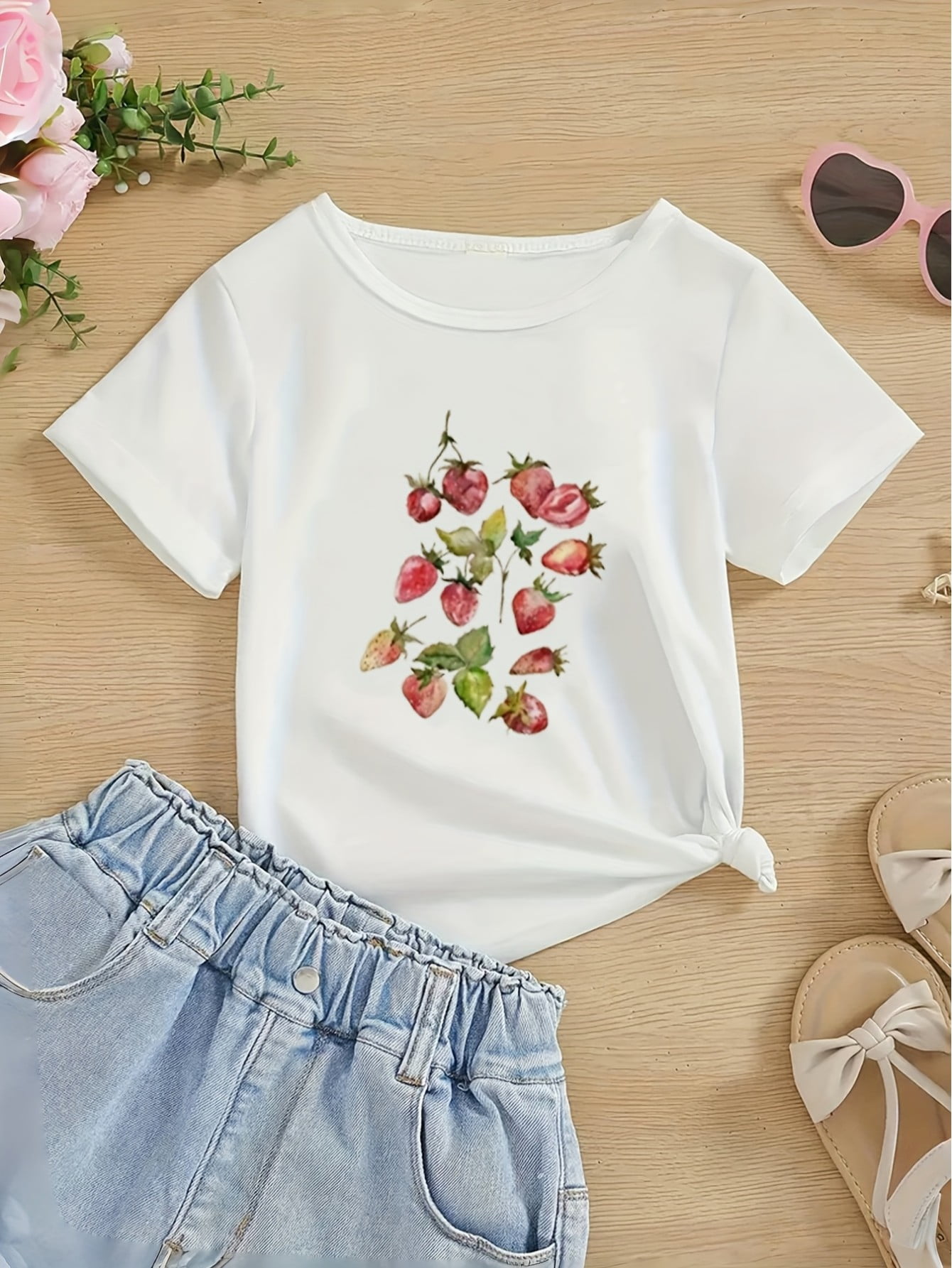 Adorable Girls' Strawberry & Floral Print T-Shirt - Soft Polyester ...