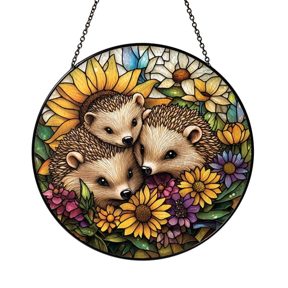 Adorable Hedgehog Among Flowers Stained Glass Round Window Suncatcher ...