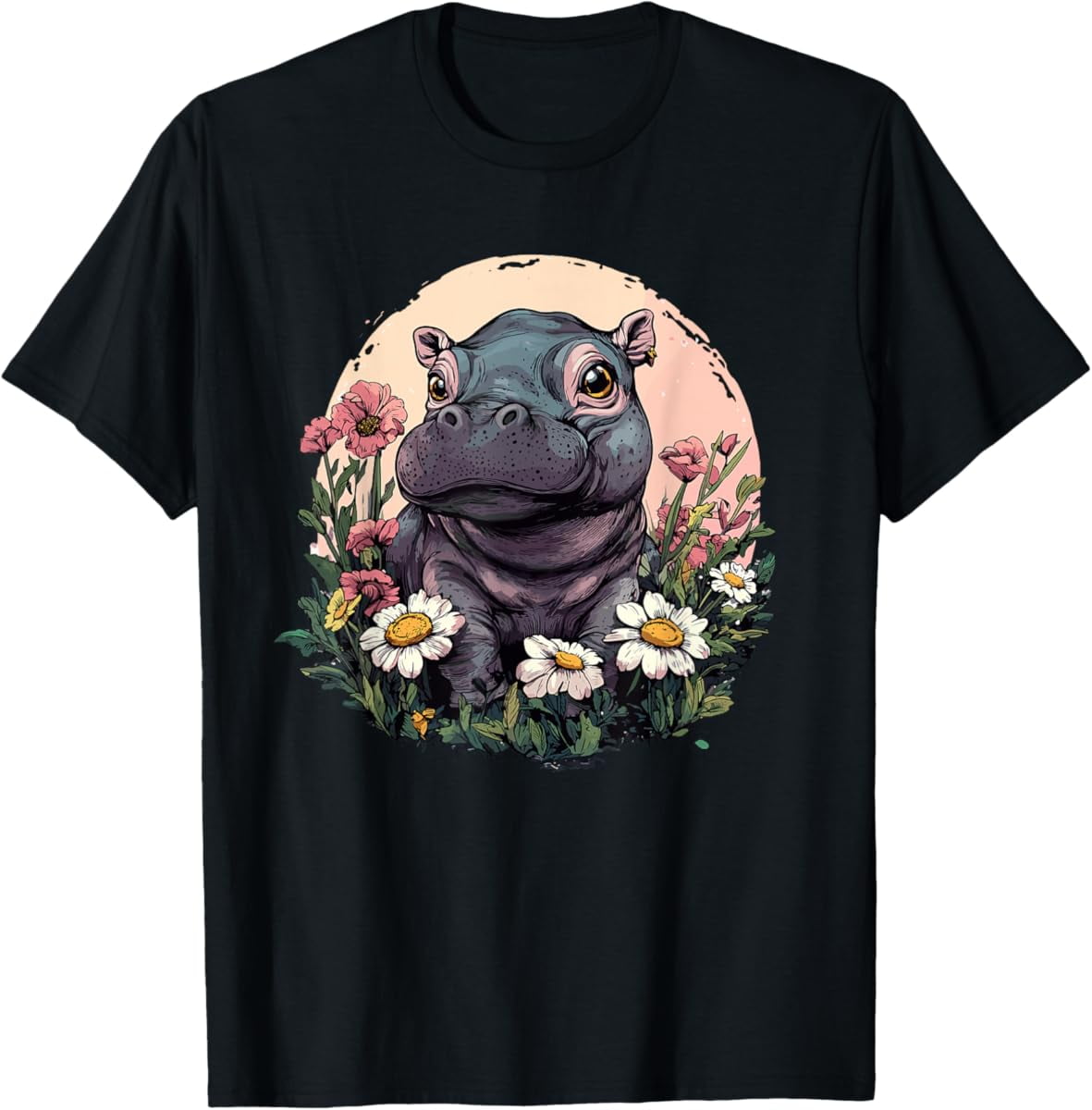 Adorable Hippo In Flower Garden Cute Scene T-Shirt, Vintage T-Shirt ...