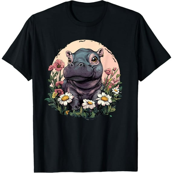 Adorable Hippo In Flower Garden Cute Scene T-Shirt, Vintage T-Shirt ...