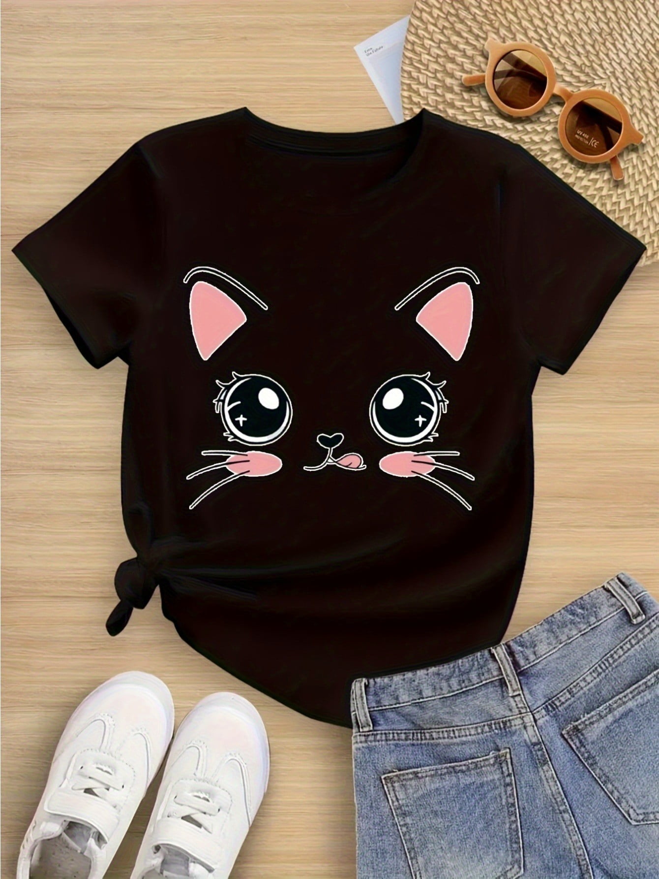 Adorable Kawaii Cat Face Graphic Cotton T-Shirt for Youngsters - Soft ...