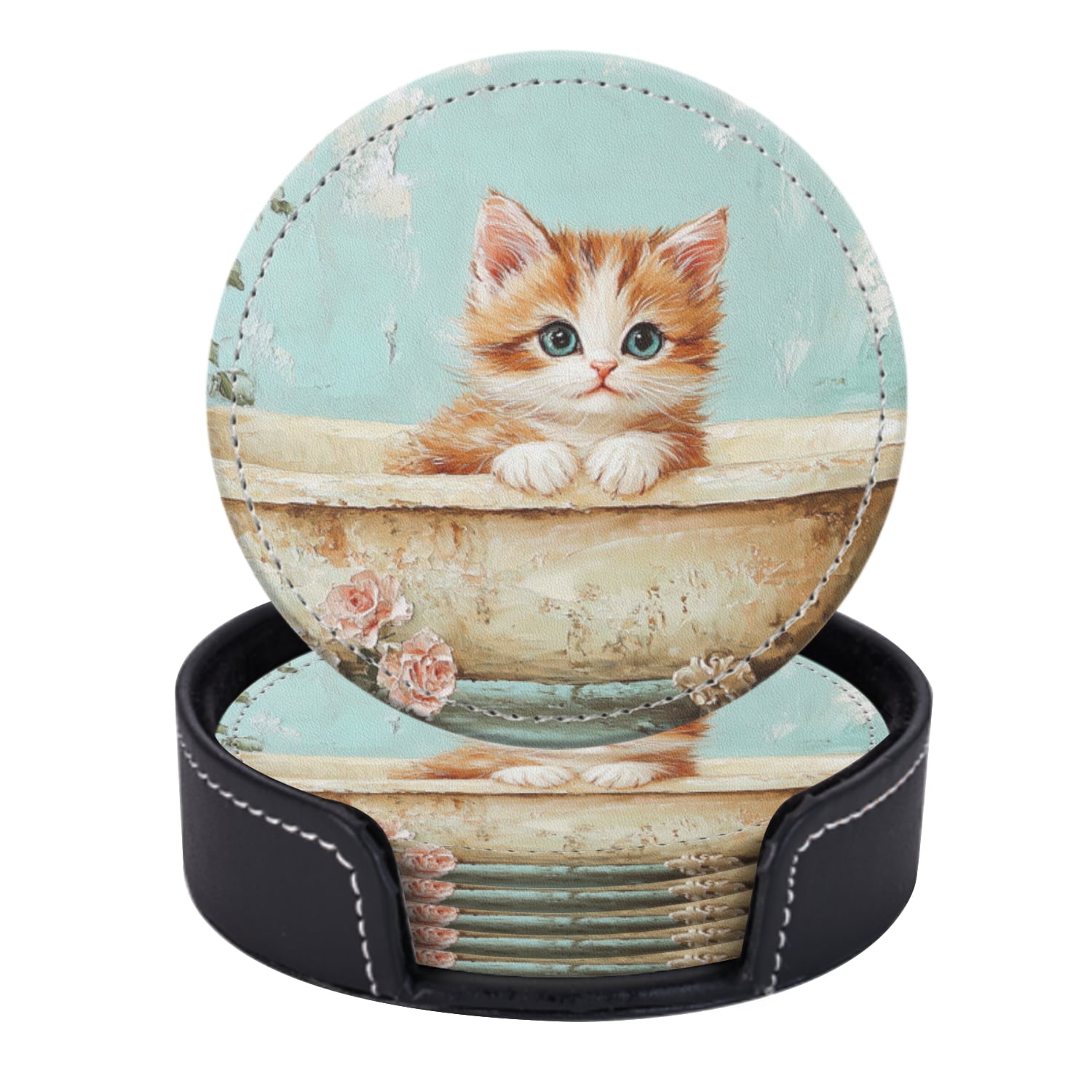 PU Leather Coasters for Drinks Bar Beer,Set of 6 with Holder,Round ...