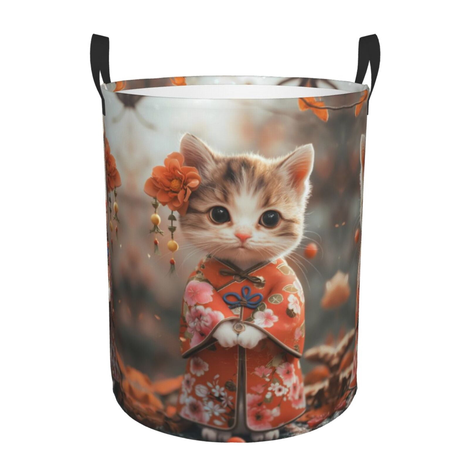 Adorable Kitten In Kimono Round Laundry Basket, Laundry Hamper with ...