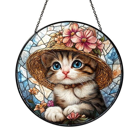 Adorable Kitty Hat Stained Glass Suncatcher Window Hanging Lighthearted ...