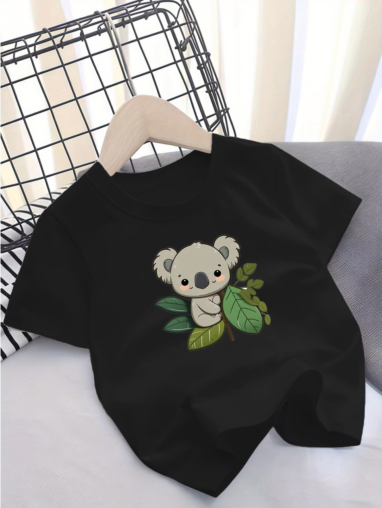 Adorable Koala Cartoon Print Cotton Tee for Girls - Comfy & Casual Round Neck Short Sleeve ...