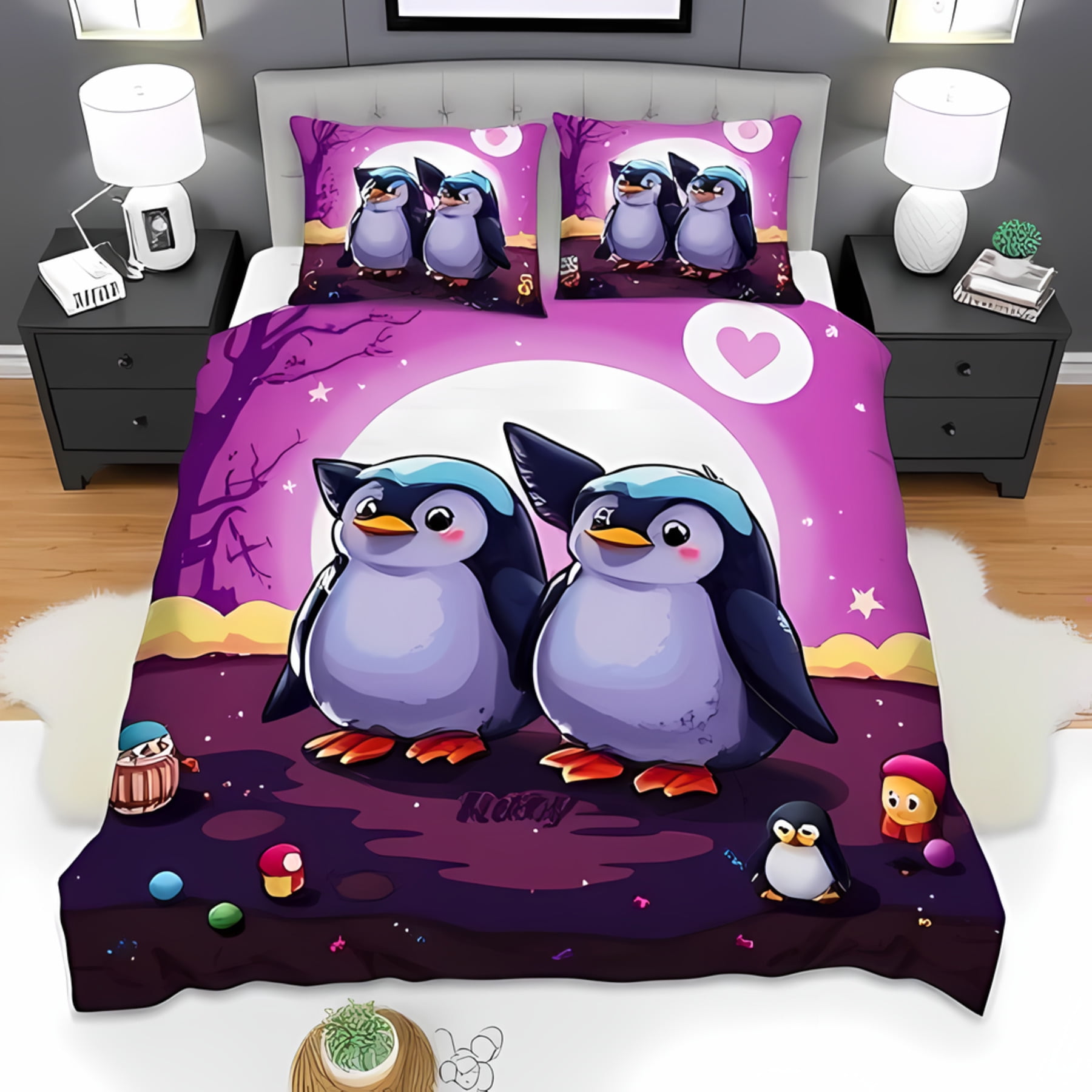 Adorable Light Purple Penguin Bedding Set Cute Cartoon Design with Full ...