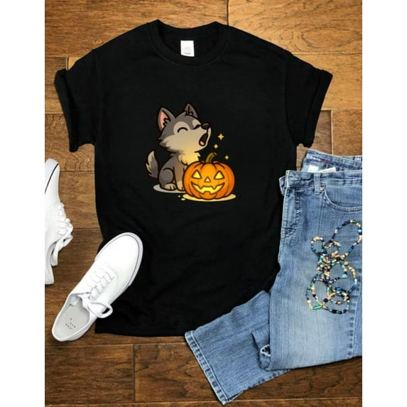 Adorable Little Wolf Howling at Pumpkin Light Cute Creepy Halloween ...