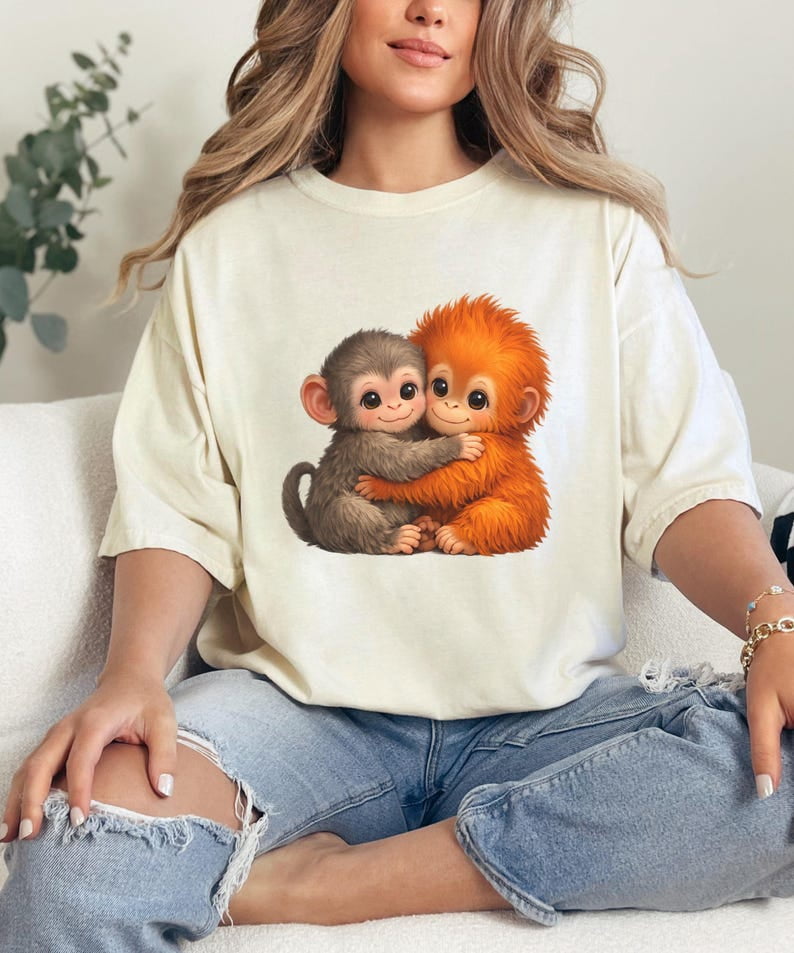 Adorable Macaque Hugging Plush Baby Monkey Monkey Punch T-Shirt Cute Monkey Lover Gift Comfort ...