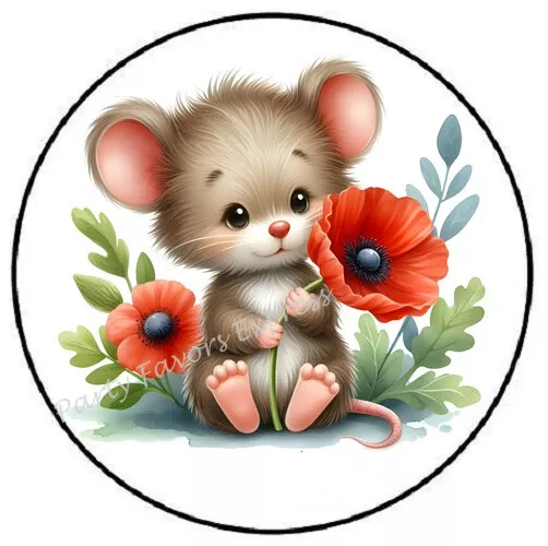 Adorable Mouse With Poppies Flowers Sticker Party Favors Sticker ...