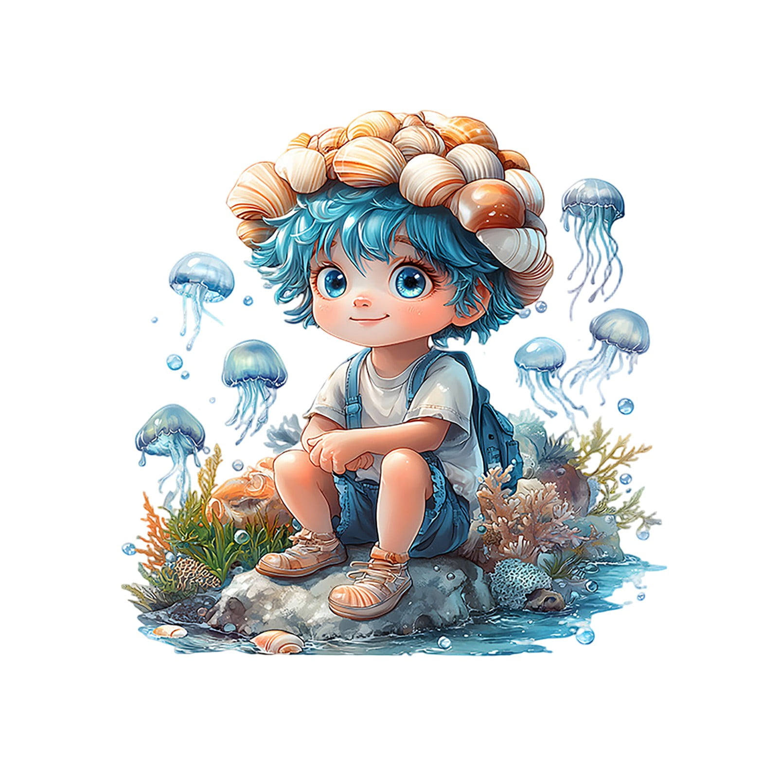 Adorable Ocean-Themed Children's Wall Art Cute Boy with Shell Hat and Jellyfish Perfect for Kids ...