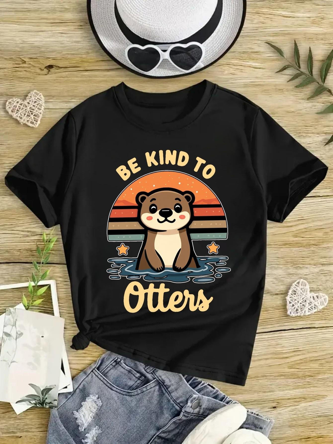 Adorable Otter Sunset Graphic Cotton Tee for Girls - Playful Retro ...