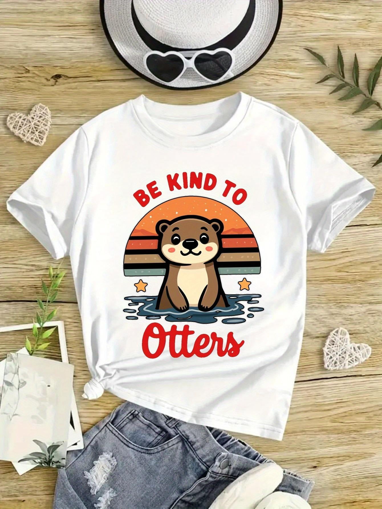 Adorable Otter Sunset Graphic Cotton Tee for Girls - Playful Retro ...