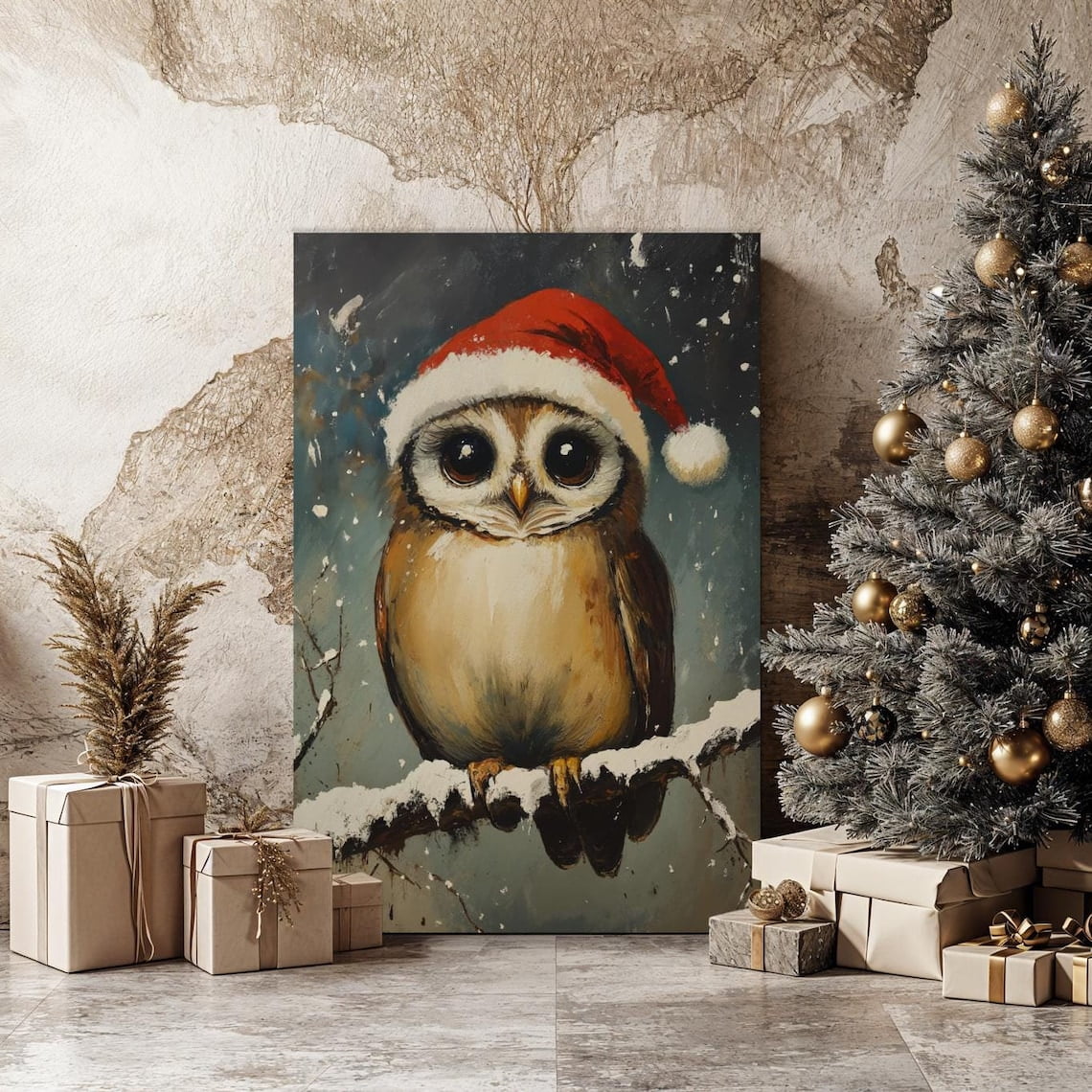 Adorable Owl With Santa Hat Wall Art Winter Animal Poster Cute Winter ...