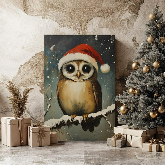 Adorable Owl With Santa Hat Wall Art Winter Animal Poster Cute Winter ...
