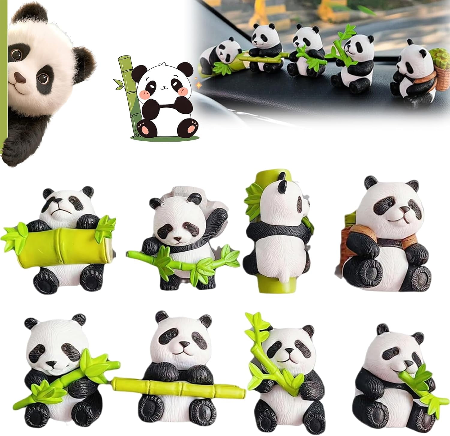 Adorable Panda Car Dashboard Decor Set, 8-Piece Mini Panda Car Dashboard Decoration Set, Panda ...