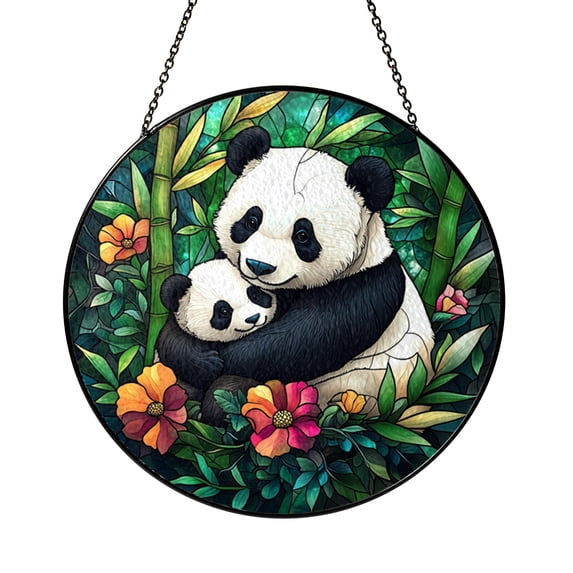 Adorable Panda Family Stained Glass Circular Panel, Gentle Wildlife ...