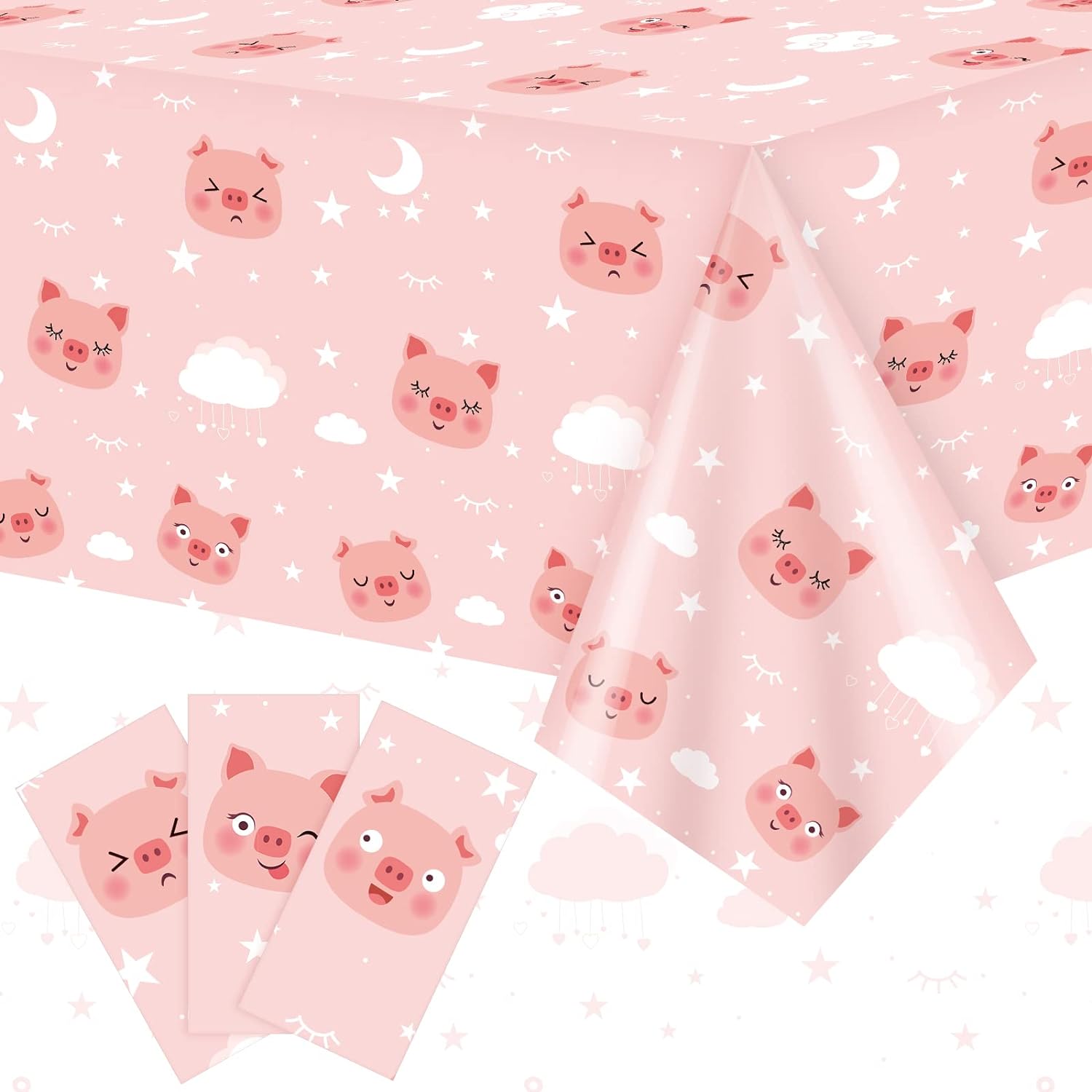 Adorable Pig Party Tablecloth Set - 3 Pieces Pink Cartoon Pig ...