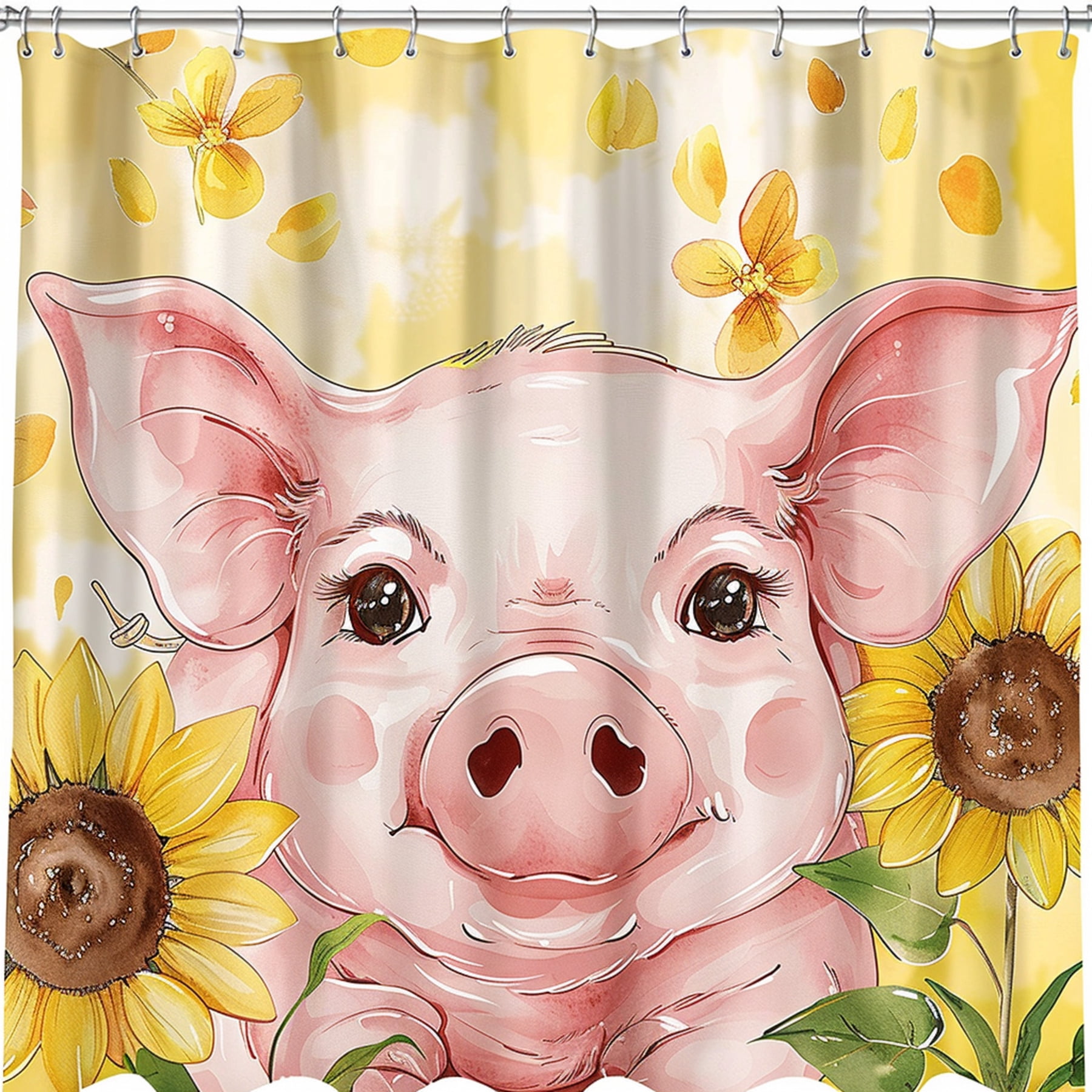 Adorable Pig and Sunflower Watercolor Shower Curtain Vibrant Bathroom ...