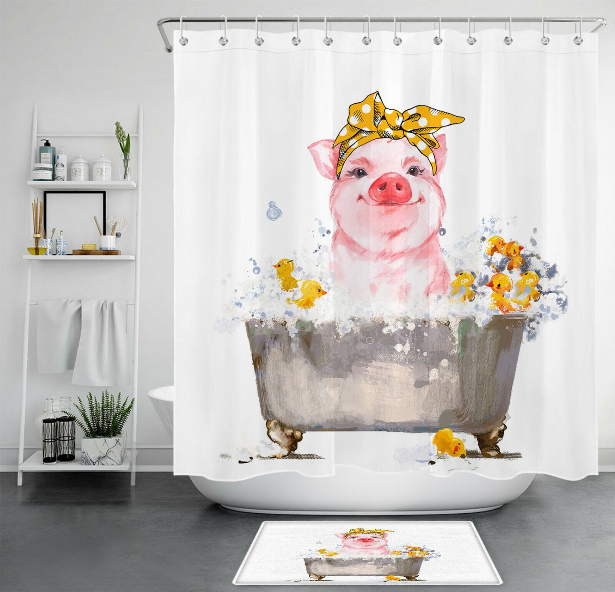 Adorable Pig and Watercolor Shower Curtain Set - Cute Bathroom Decor ...