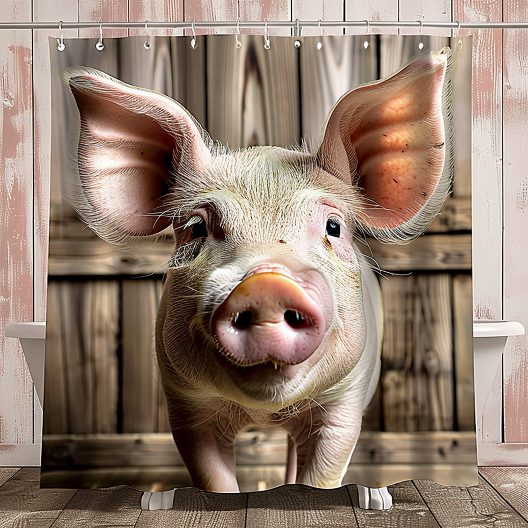 Adorable Piggy Paradise Shower Curtain Rustic Wood Fence Background ...