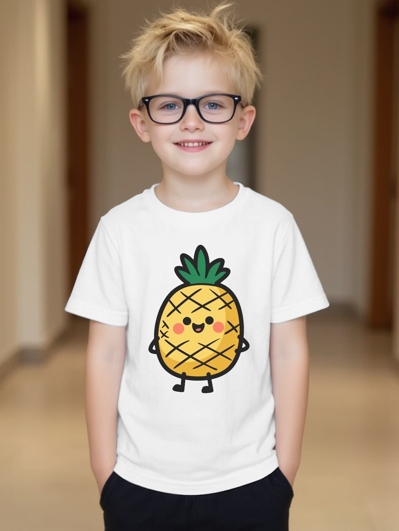 Adorable Pineapple Graphic Boys' T-Shirt - Cute Cartoon Print, Short Sleeve, Crew Neck, Casual ...