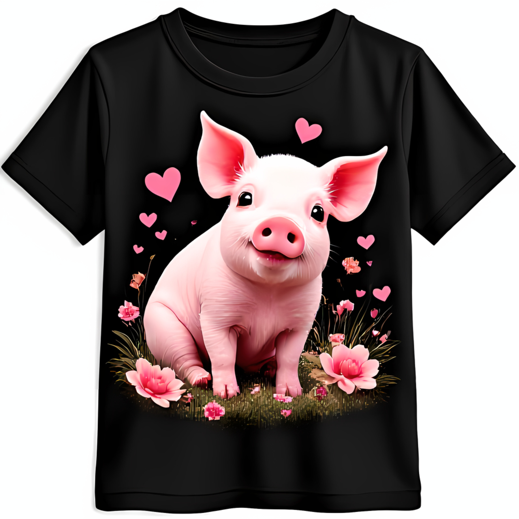 Adorable Pink Among Flowers & Hearts Black T-Shirt for Pig Lovers ...