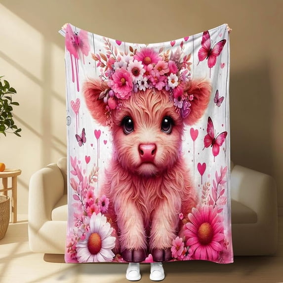 Adorable Pink Cow Blanket with Flower Crown & Butterfly, Cute Cartoon ...