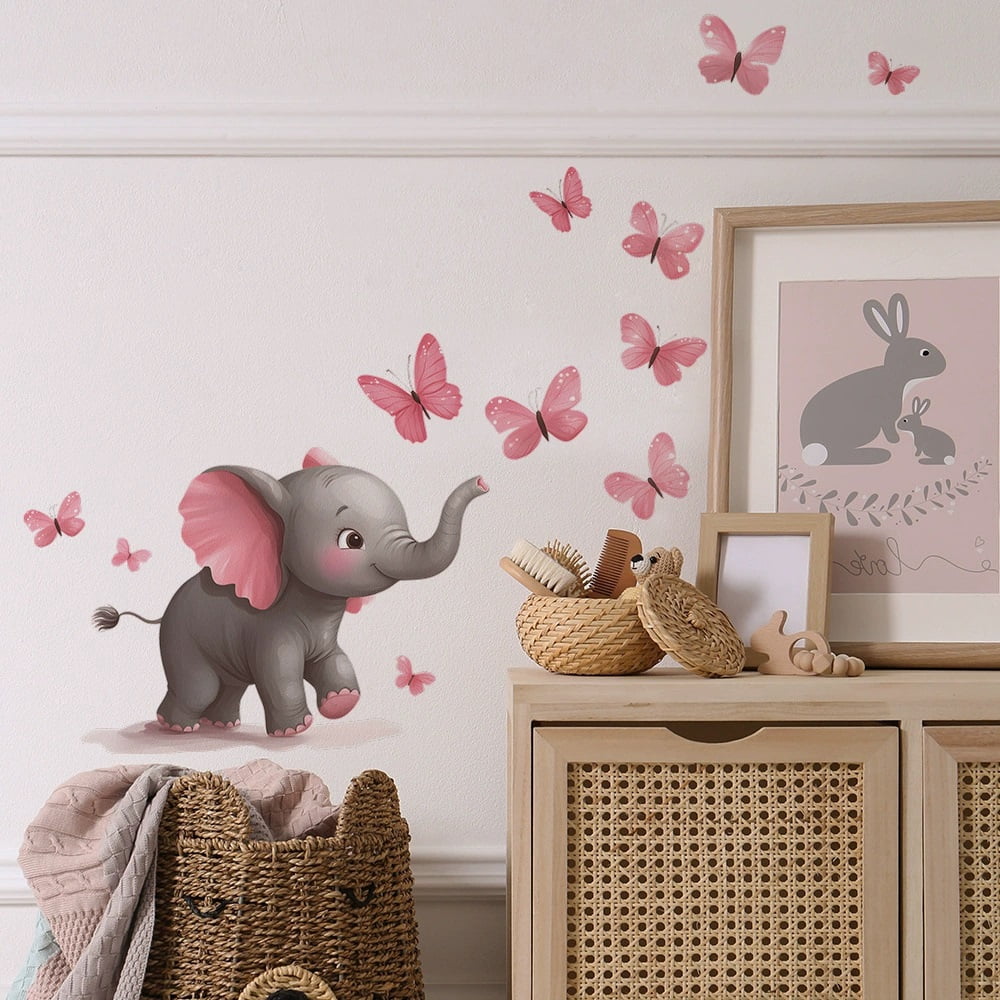 Adorable Pink Elephant and Butterfly Wall Decals for Nursery and Kids ...