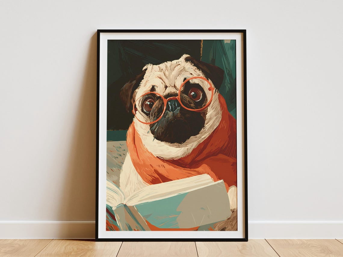 Adorable Pug Dog Wearing Glasses Orange Scarf Reading Book Cute Pet ...