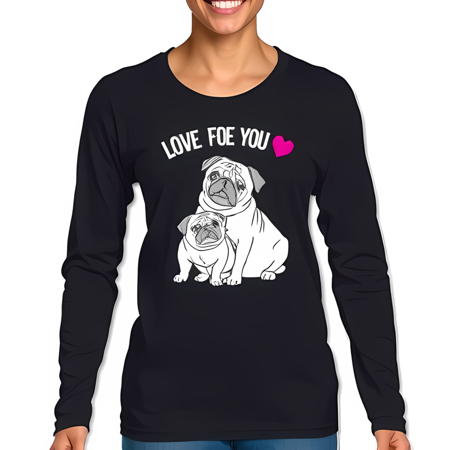 Adorable Pugs Embrace Long Sleeve T-Shirt - Grayscale Illustration with ...