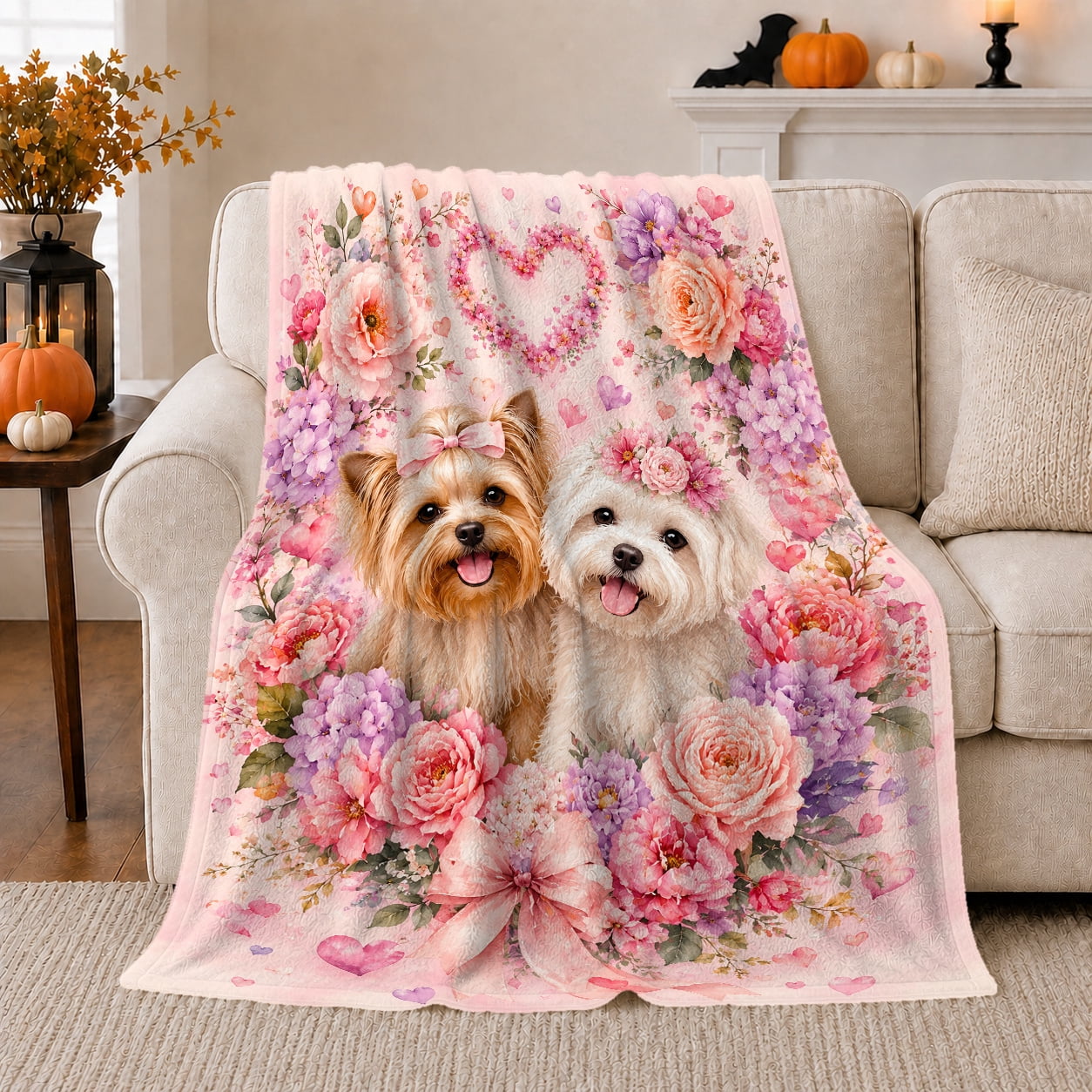 Adorable Puppy Dogs Pink Bow Flower Garland Design, Cozy Pet Portrait ...