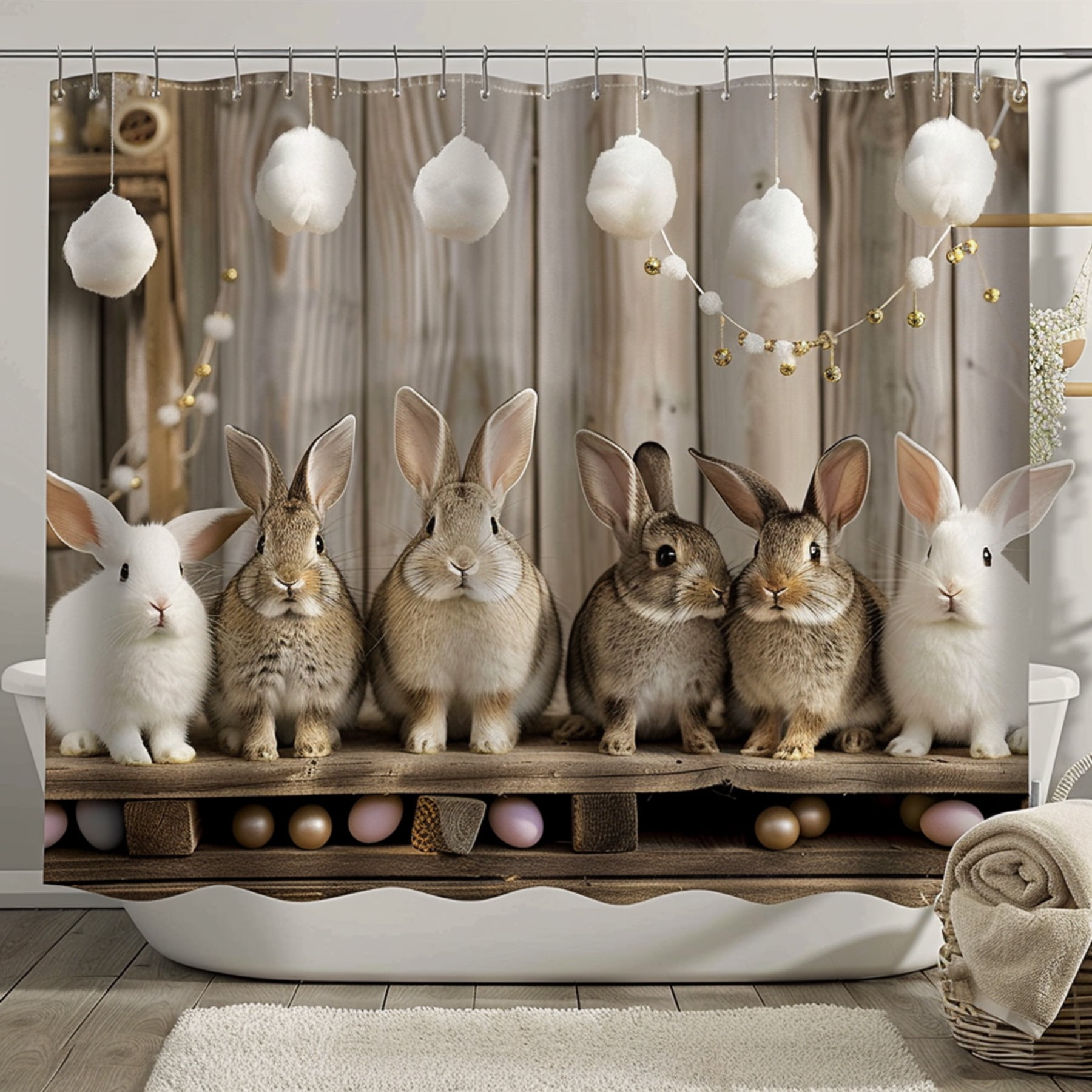 Adorable Rabbit Family Shower Curtain EasterInspired Design Natural ...