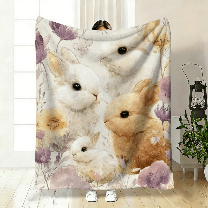 Adorable Rabbit Floral Print Flannel Blanket, Soft Warm 280GSM Plush ...