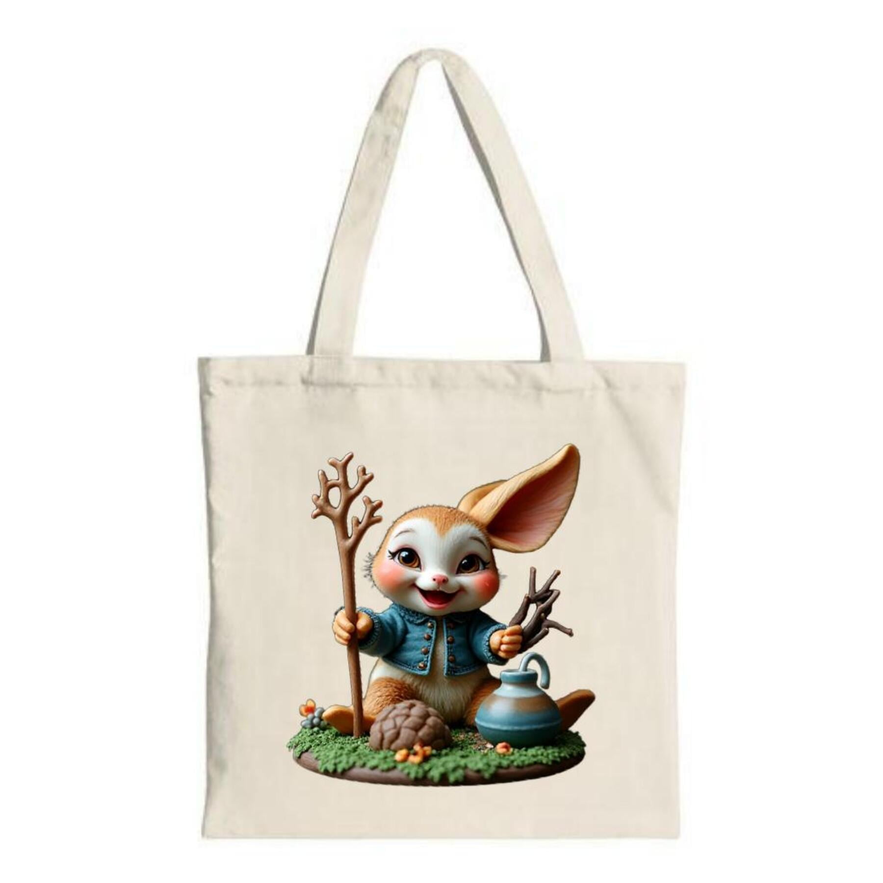 Adorable Rabbit Tote Bag - Cheerful Blue Outfit Grassy Patch Design ...