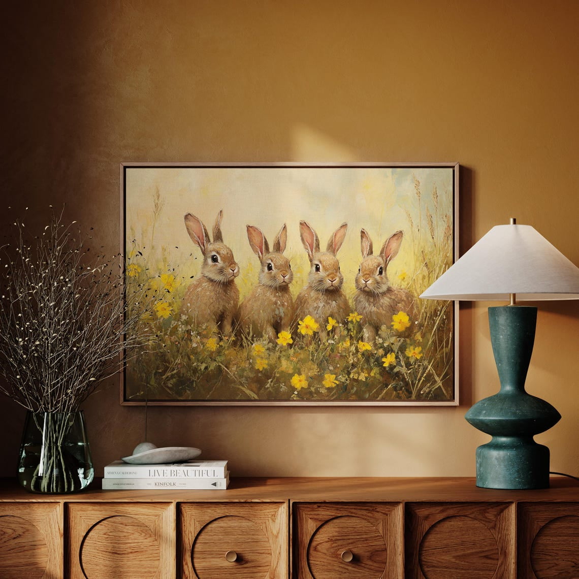 Adorable Rabbits In Meadow - Rustic Spring Art With Wildflowers - Cute ...