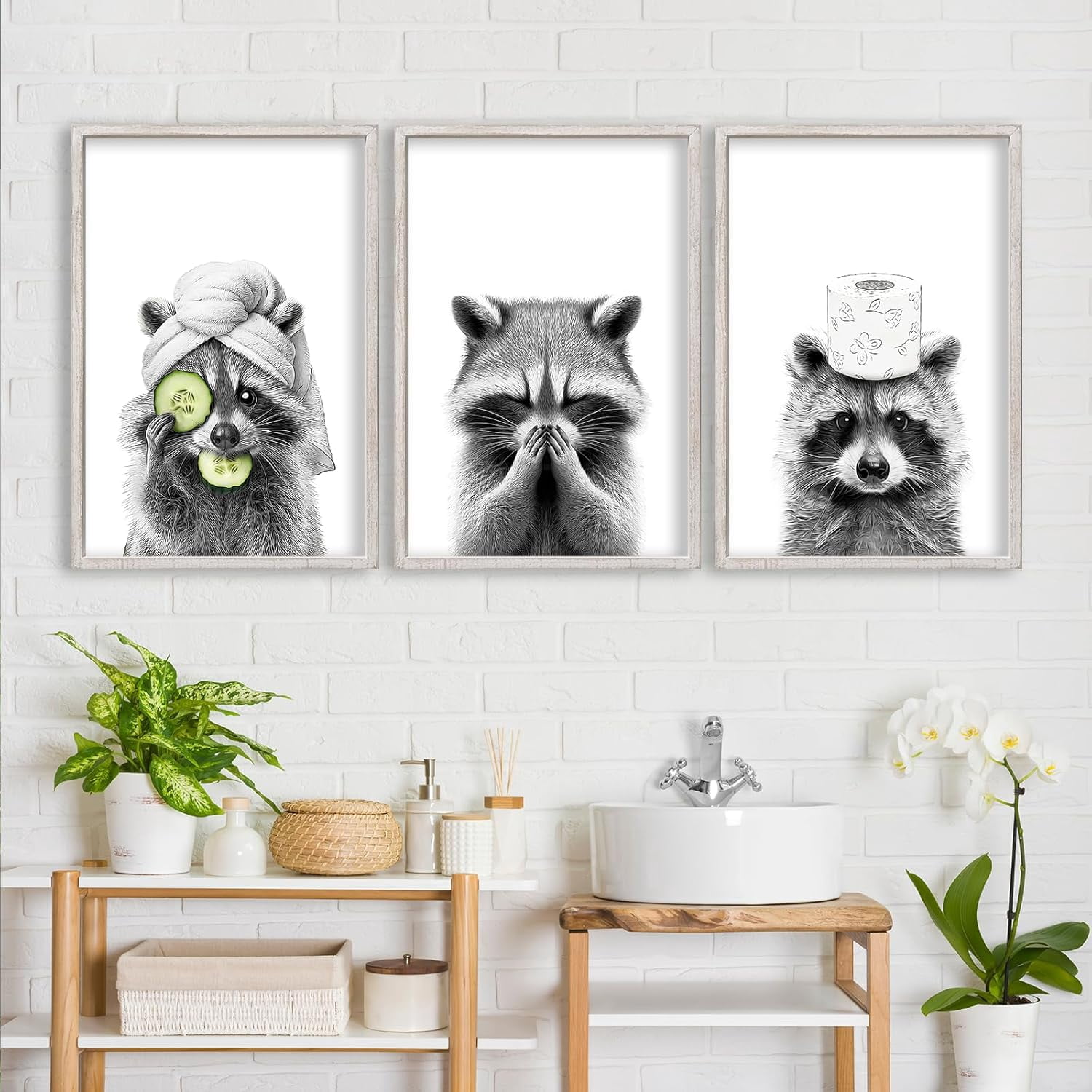 Adorable Raccoon Bathroom Wall Art Decor Set of 3 24x16 Inch Modern ...
