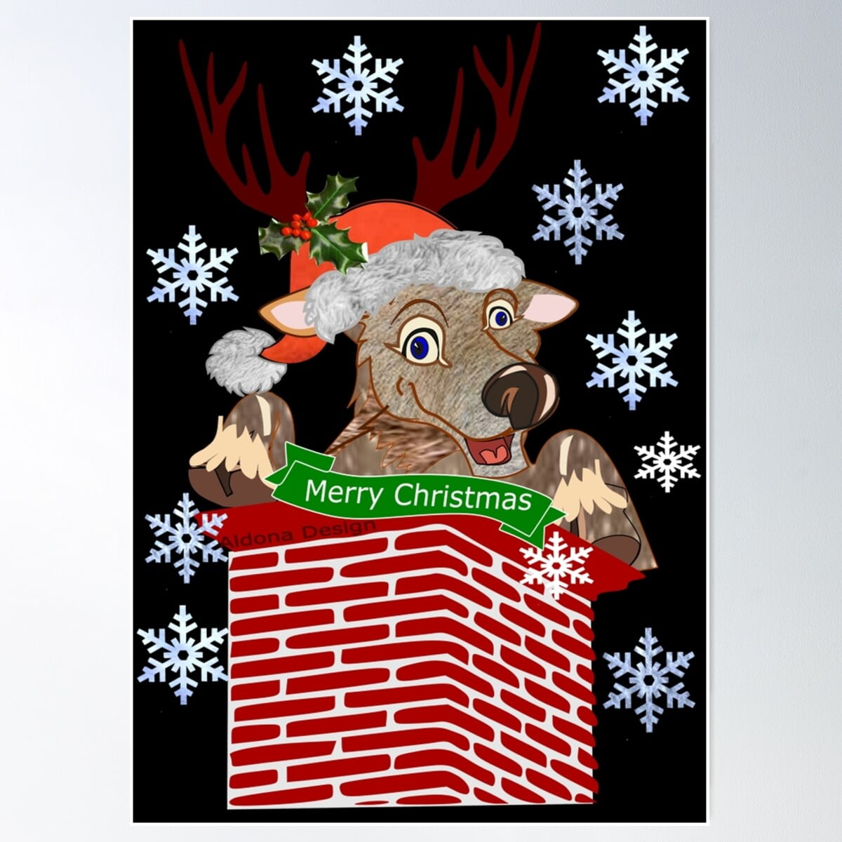 Adorable Reindeer Down The Chimney Poster Wall Art, Modern Wall Decor ...