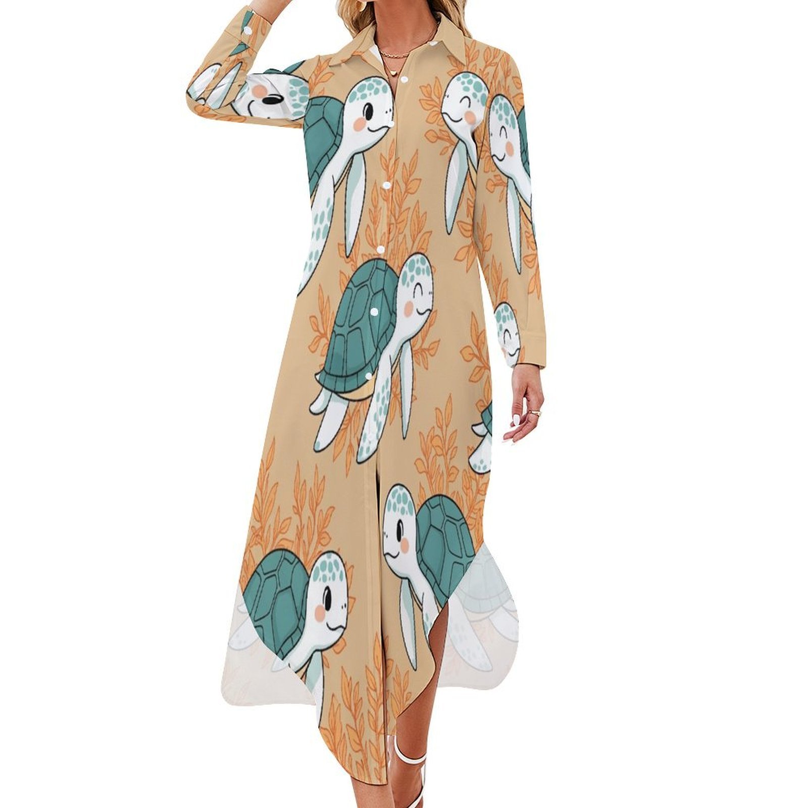 Adorable Sea Turtles Coral Reef Pattern Shirt Dress Long Sleeve Street ...
