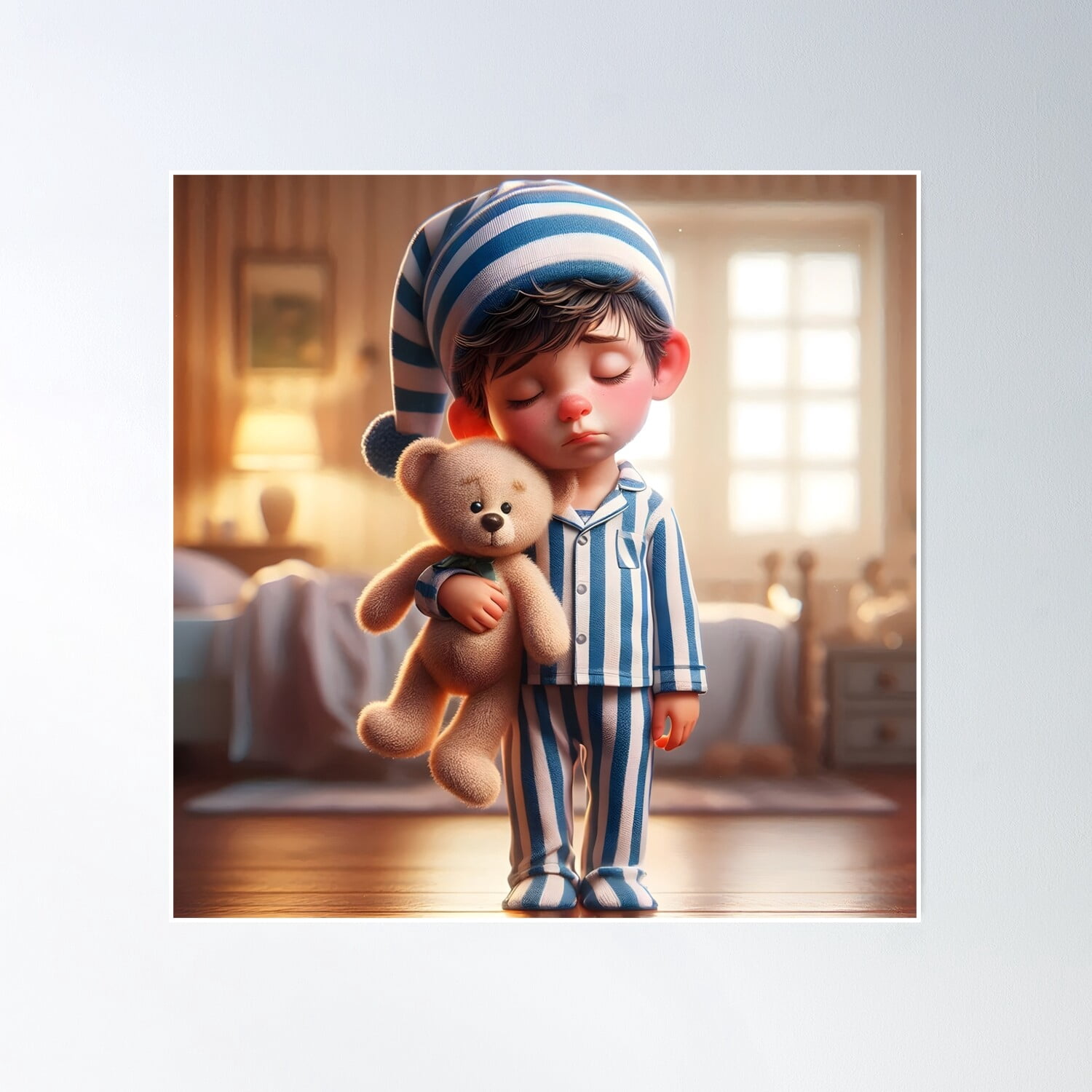 Adorable Sleepy Boy With Teddy Bear 04 - Cozy Bedtime Ai Art Poster ...