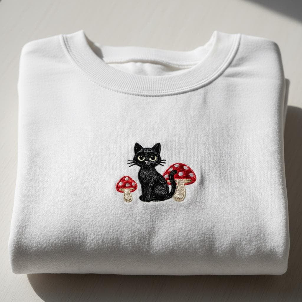 Adorable Small Black Cat Between Mushrooms Embroidered Sweatshirt, Cute ...