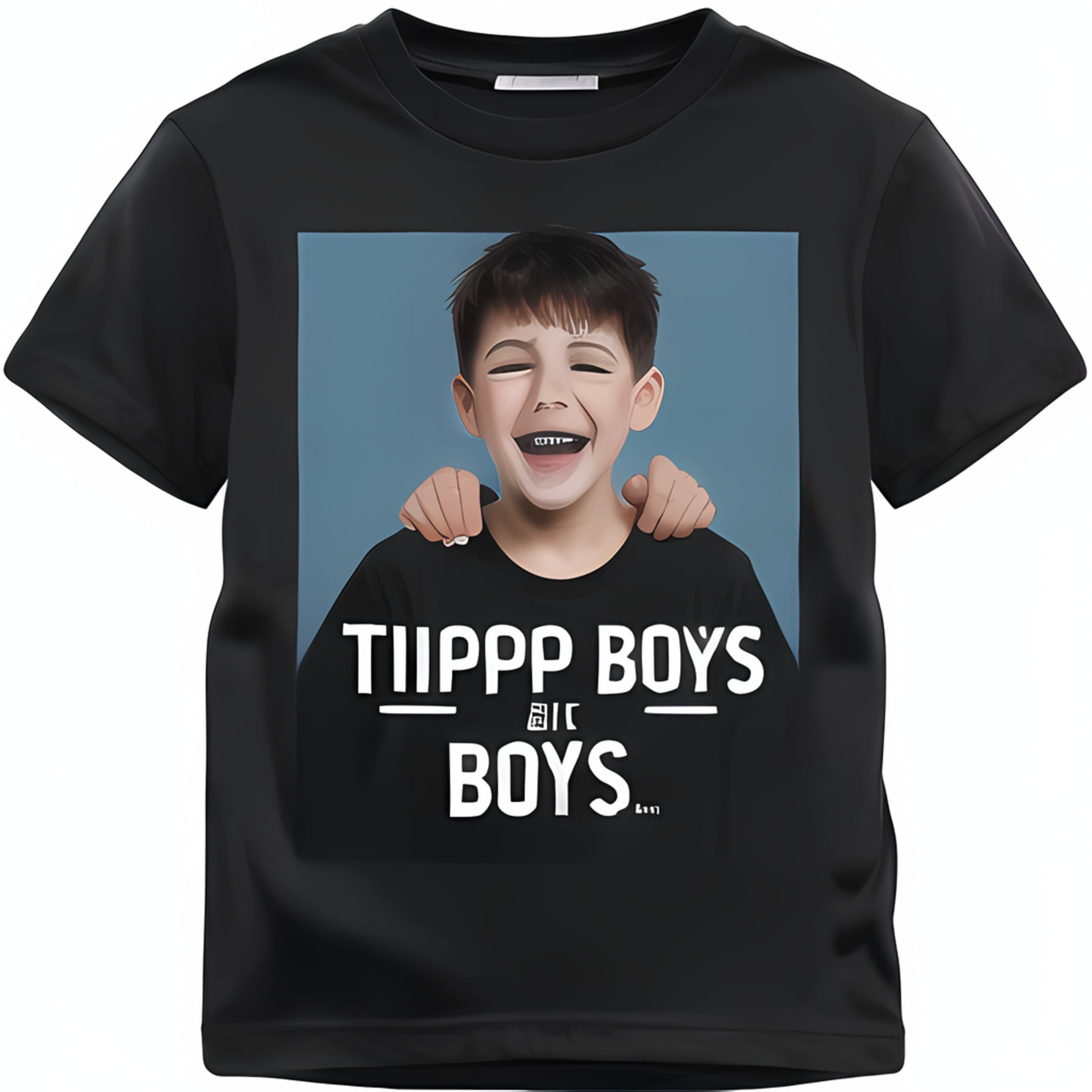 Adorable Smiling Kid in Black 'TIPPA Boys' T-Shirt Blue & Round Sleeves Black Shirt Mockup ...