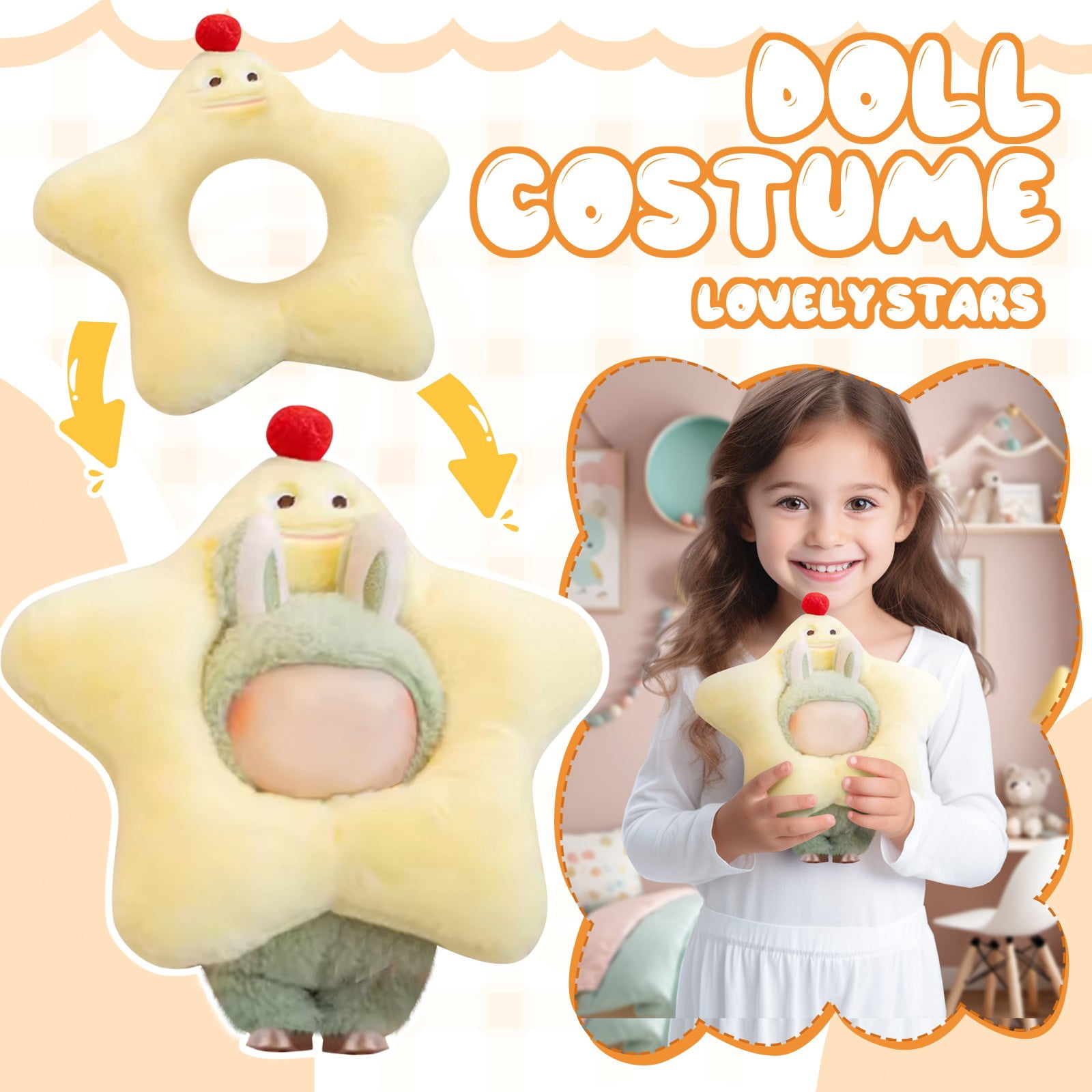 Adorable Star-Shaped Plush Toy with Bunny Hood and Red Top, Soft and ...