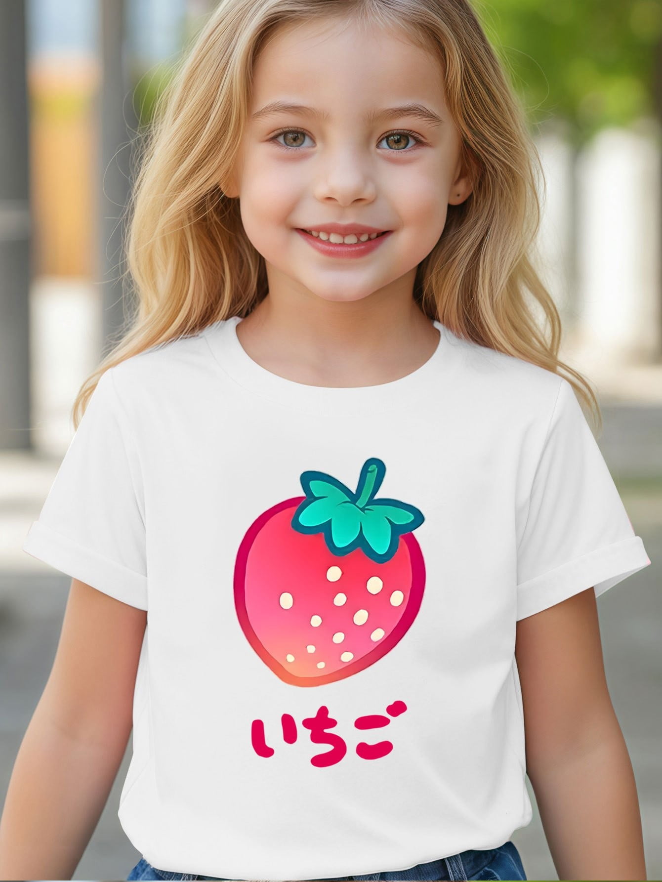 Adorable Strawberry And Japanese Print Cotton T Shirt For Girls Comfy