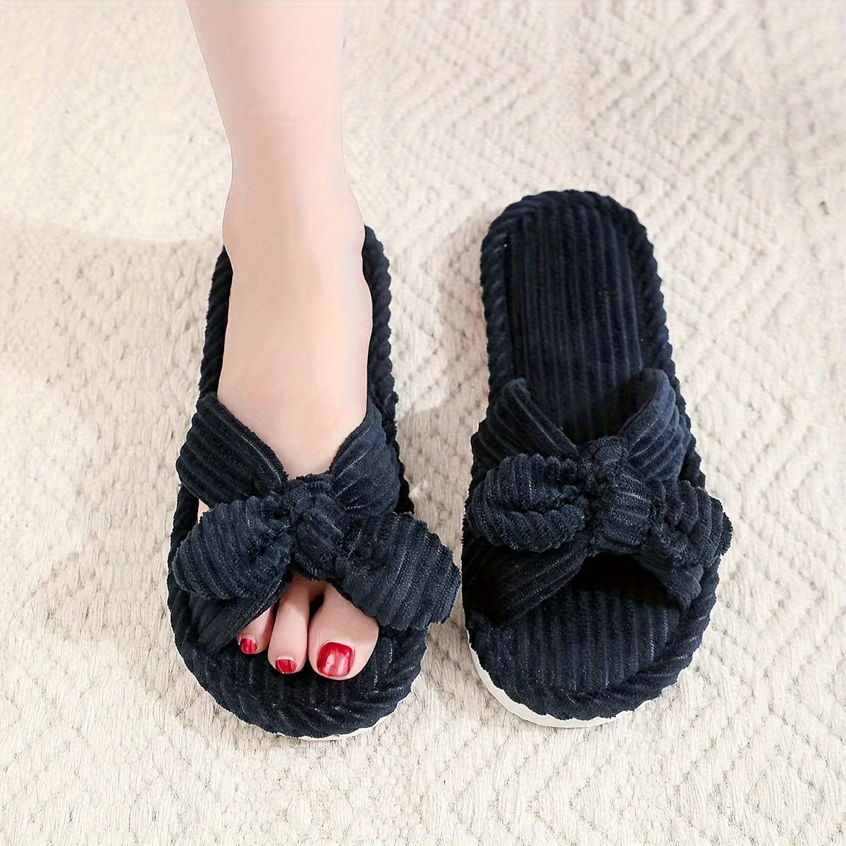 Adorable Striped Corduroy Slippers for Women, Featuring a Fluffy Design ...