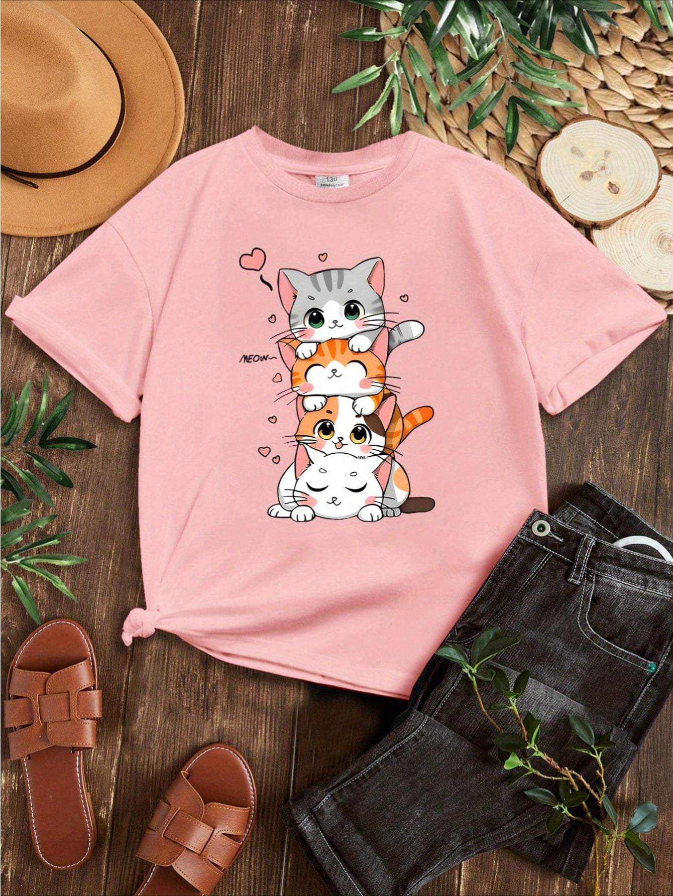 Adorable Summer Cat Print T-Shirt for Girls - Casual Short Sleeve ...
