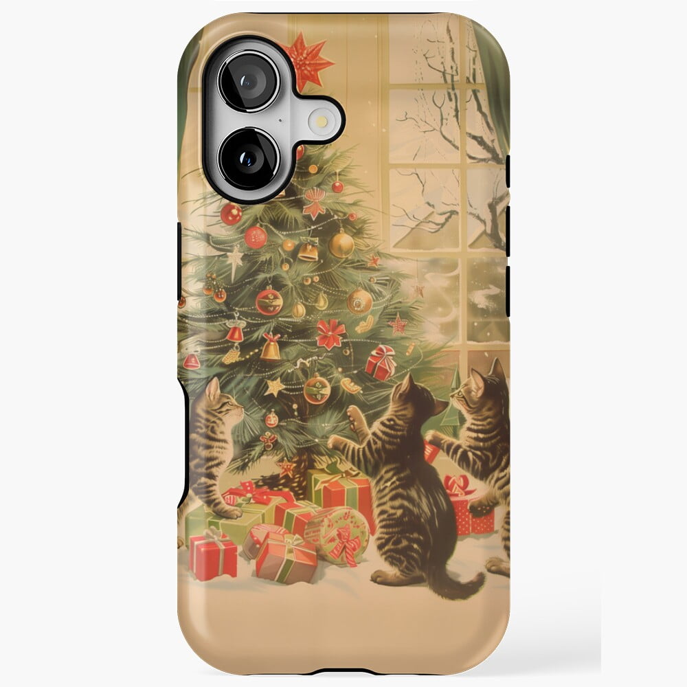 Adorable Tabby Cat Beside Christmas Tree Case for iPhone 17 to 11 Pro ...