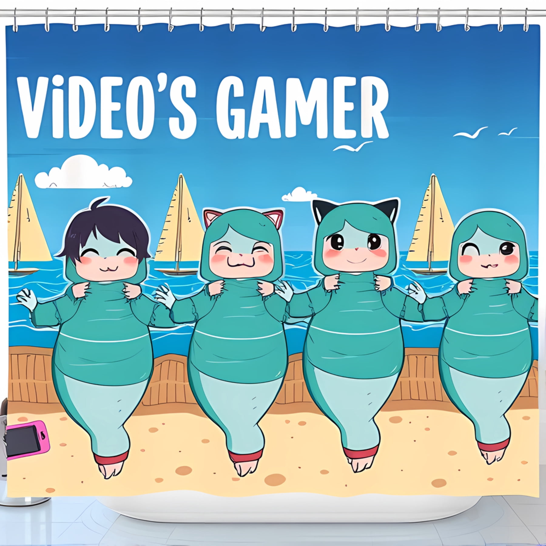 Adorable Teal Creatures Shower Curtain - Playful Beach Scene with ...