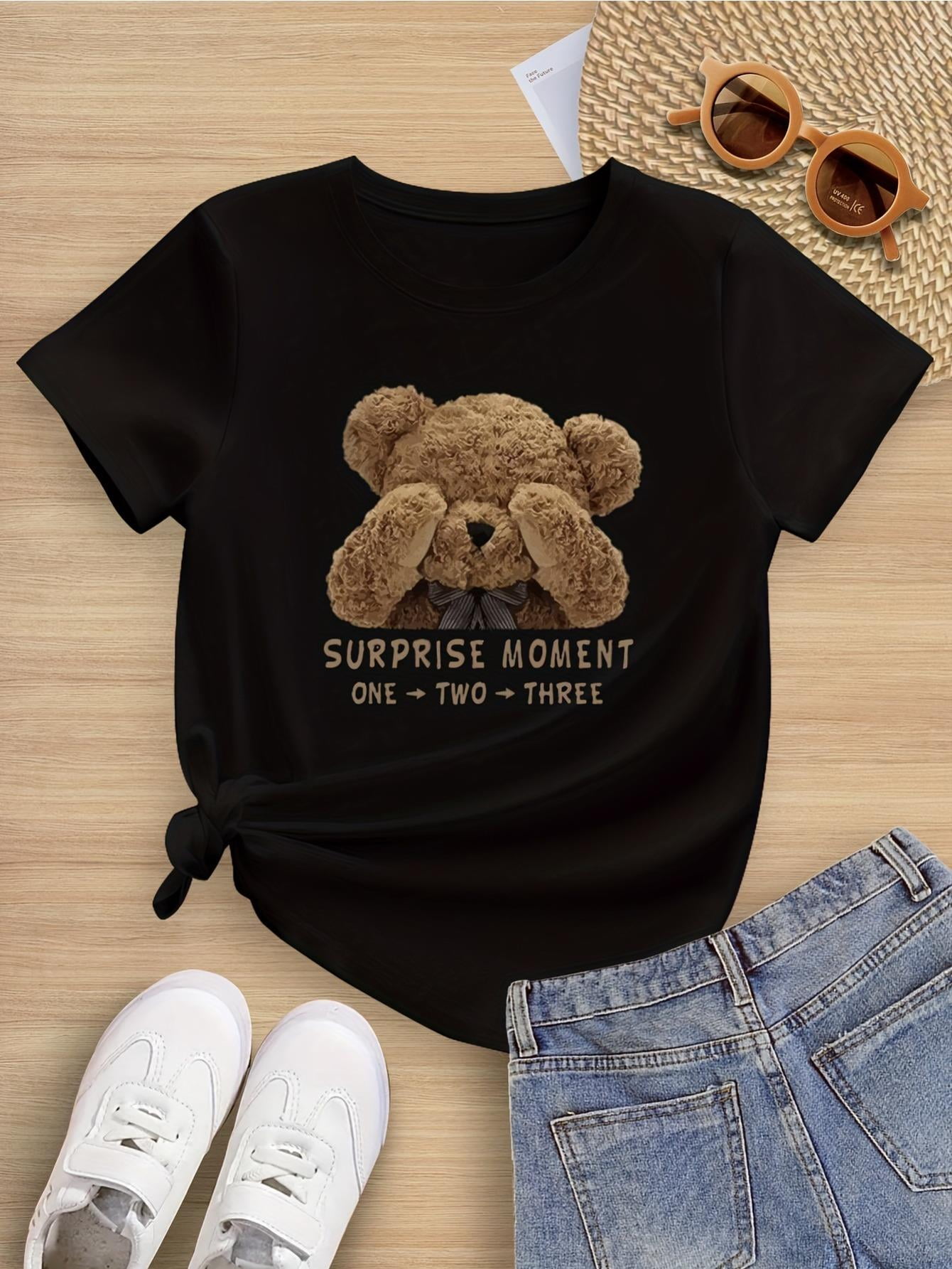 Adorable Teddy Bear Graphic Tee for Girls - Comfy Cotton Blend, Casual ...