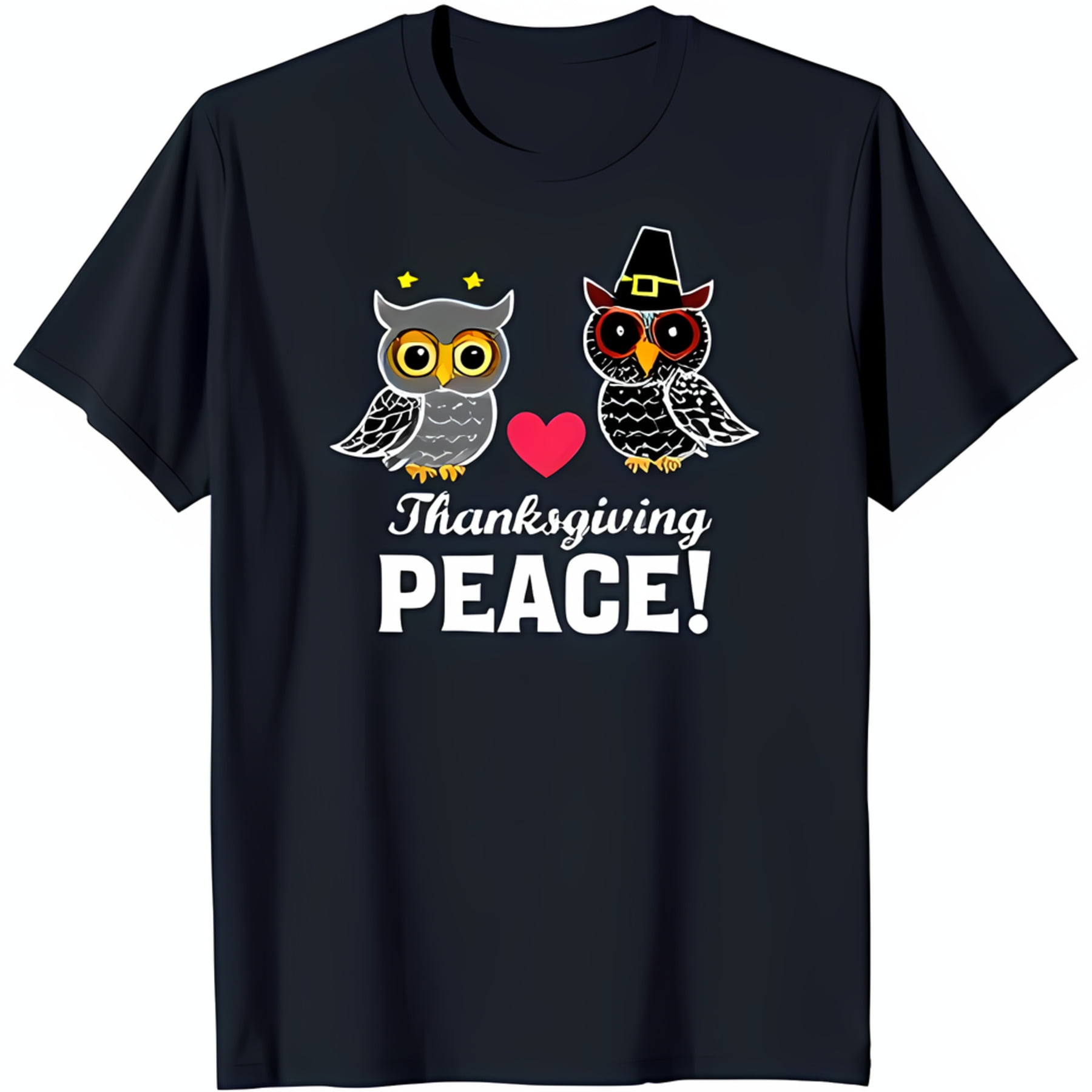 Adorable Thanksgiving Owls Graphic Tee Black T-Shirt with Heartwarming ...